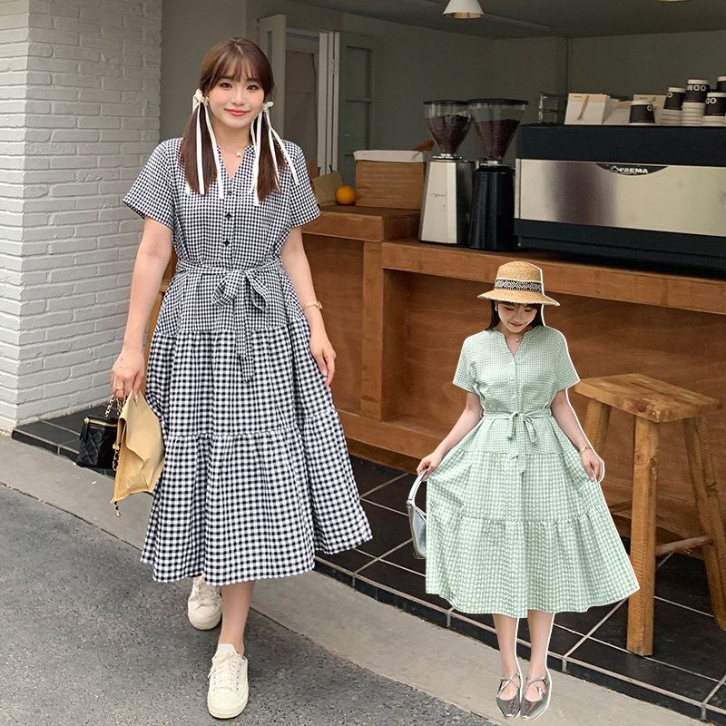 CCGIRL中大尺碼 森林系精靈仙子小V領層次格紋洋裝－共2色－ 適L～5L《31720》大尺碼女裝 中大尺碼洋裝 | 蝦皮購物
