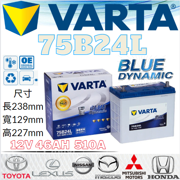 華達VARTA 75B24L 12V46AH 510A汽車 電瓶 免加水 銀合金 藍色動力 | 蝦皮購物