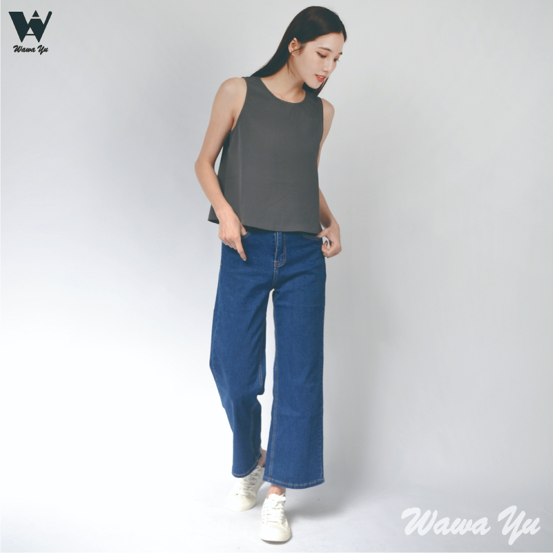 Wawa Yu 牛仔長褲-牛仔後鬆緊顯瘦寬褲--2色 深藍色 淺藍色 (尺碼S-XL) | 蝦皮購物
