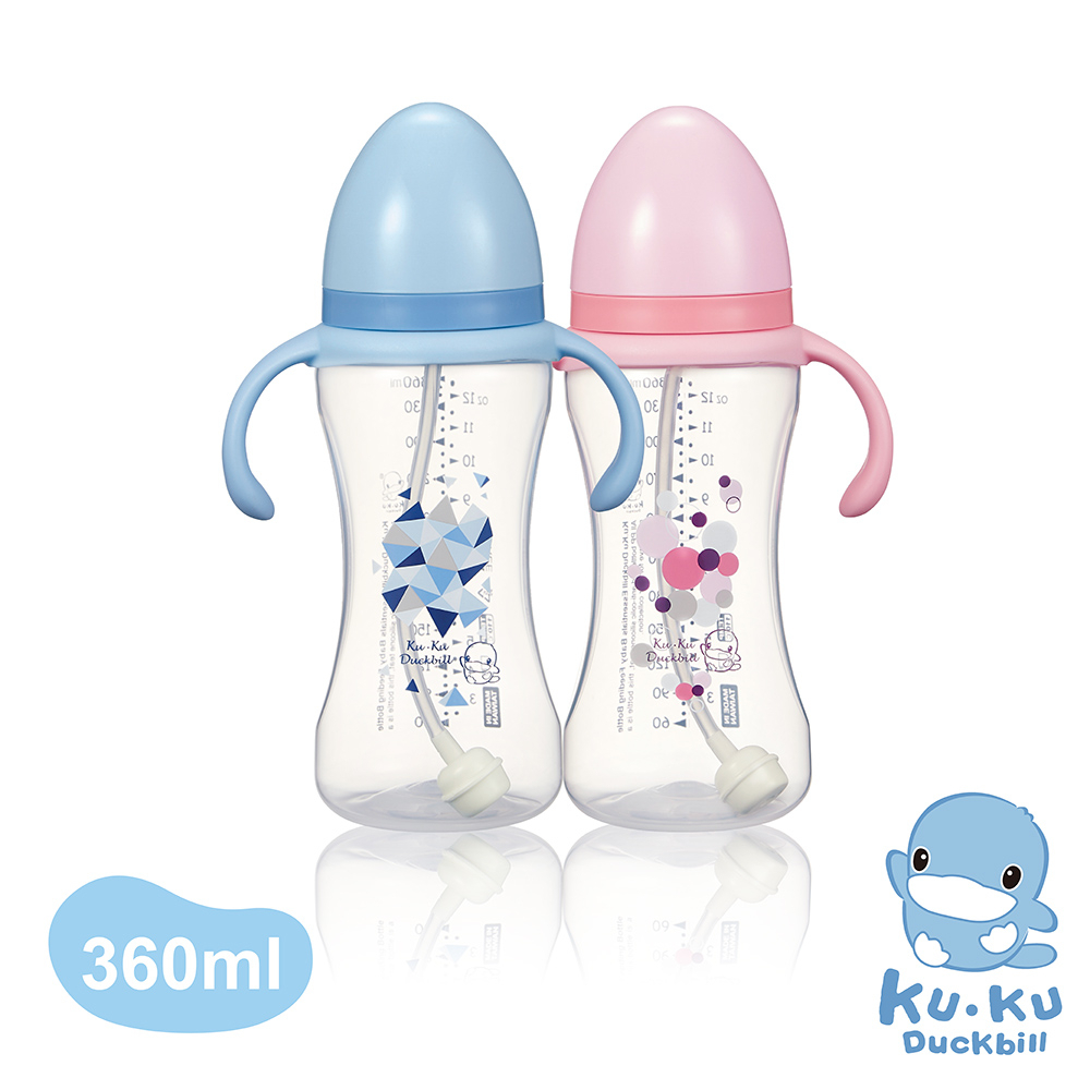 KUKU鴨 酷咕鴨 PP寬口成長奶瓶 寬口徑握把自動吸管奶瓶 360ml | 蝦皮購物