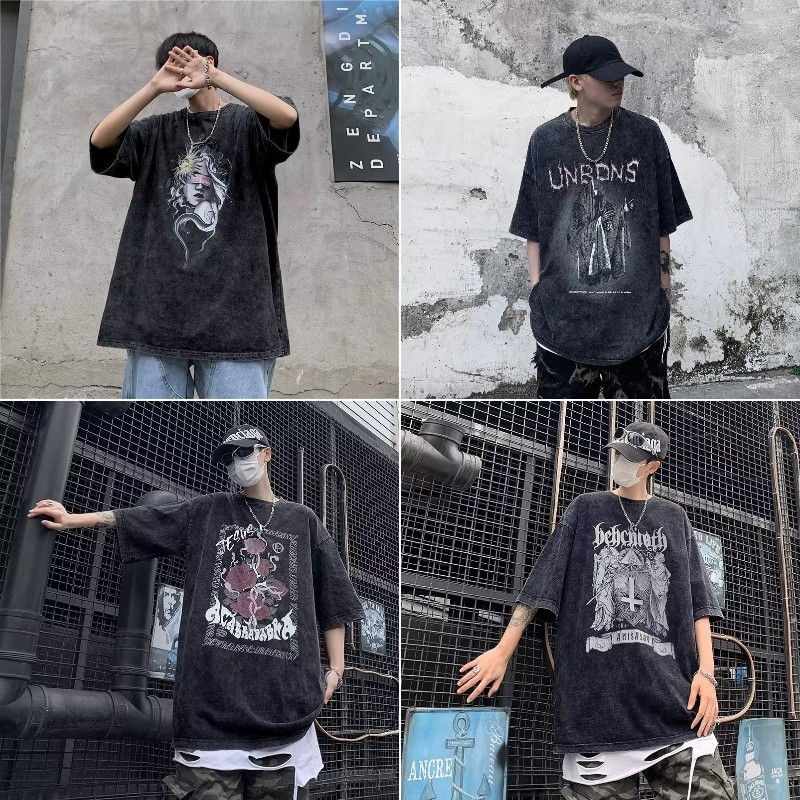 暗黑系水洗重磅做舊短袖t M-5XL 短袖上衣 oversizeT恤 美式ins炸街扎染水洗短T 落肩t恤衫@潮人屋服飾 | 蝦皮購物