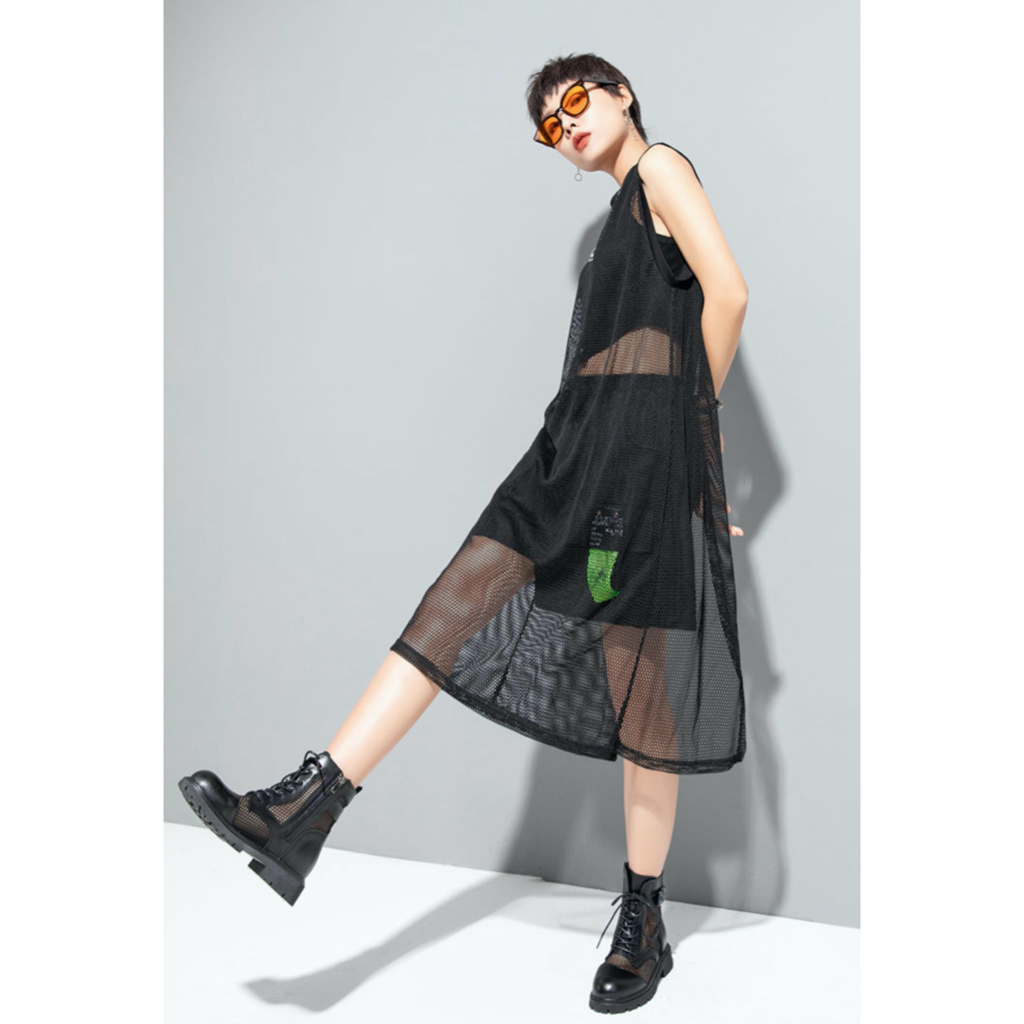 Y2 style ️性感網眼鏤空後開叉外搭背心連衣裙 ️Y2style歐美設計款寬鬆韓版個性中大尺碼E3-6082 | 蝦皮購物