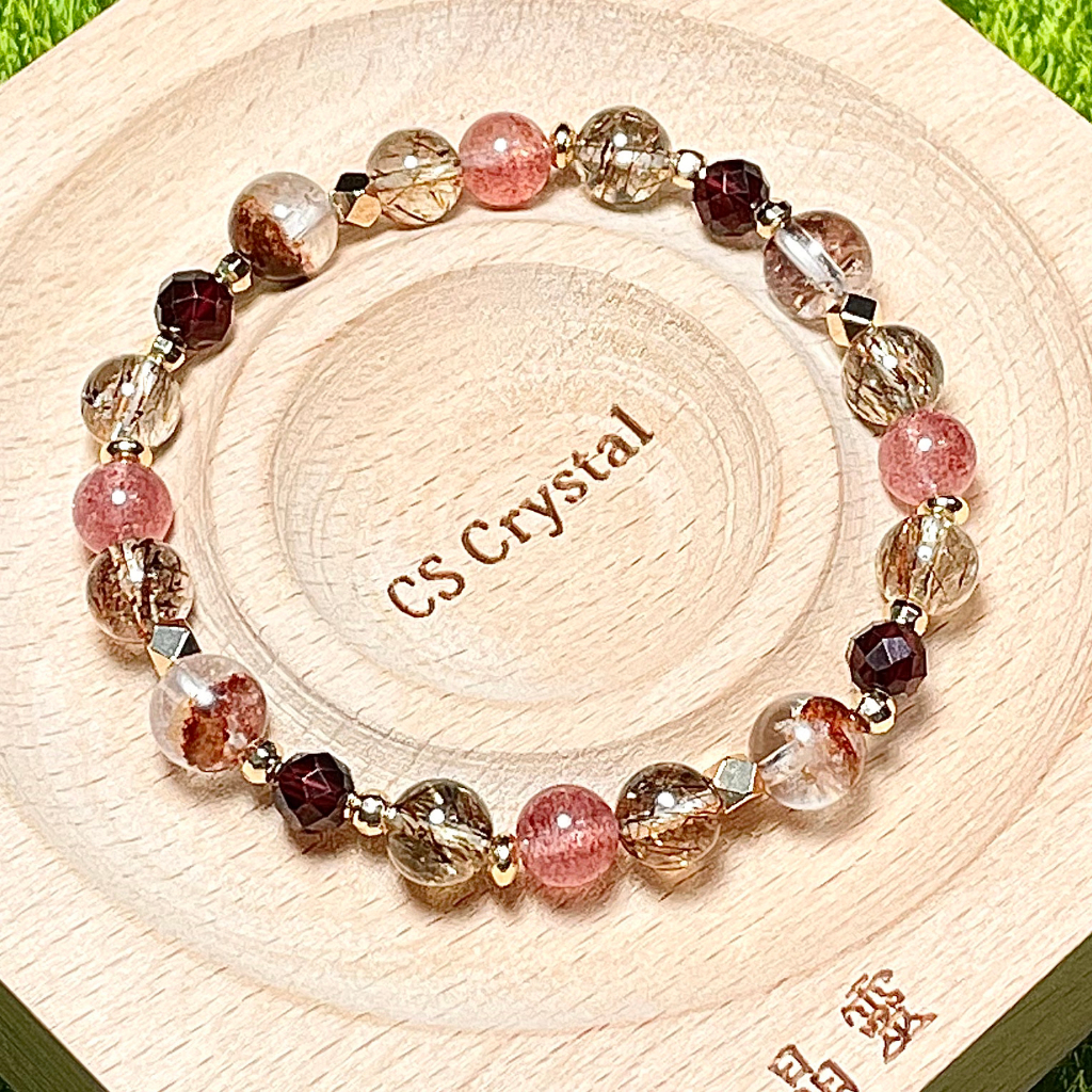 CS Crystal 編號354 - 透礦聚寶盆型紅幽靈水晶+黑金超七+草莓晶+紅石榴石設計款 | 蝦皮購物