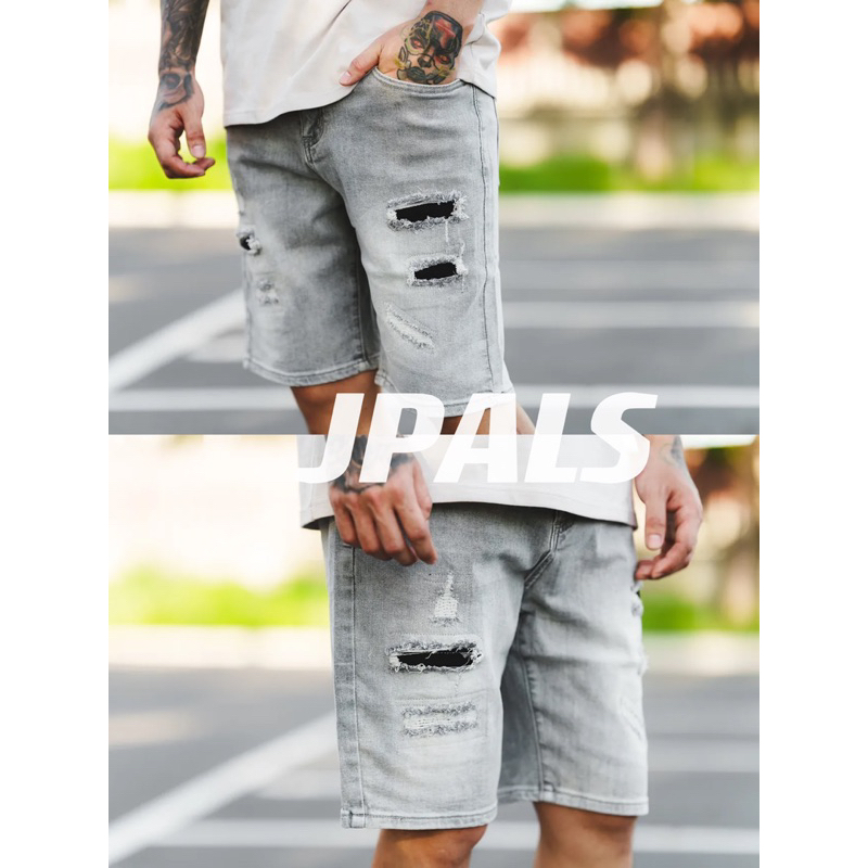 【JPALS 】 現貨秒發 極淺灰 三刀割 超彈力 補釘 水洗 破壞 窄版 牛仔短褲 短褲 牛仔 丹寧 | 蝦皮購物