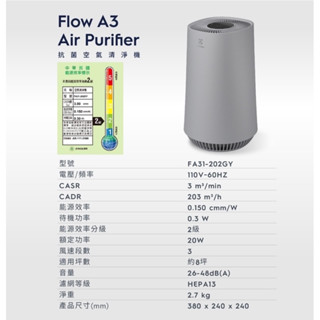 免運【 Electrolux 伊萊克斯 】抗菌空氣清淨機(灰) FA31-202GY Flow A3 Air免運費 | 蝦皮購物