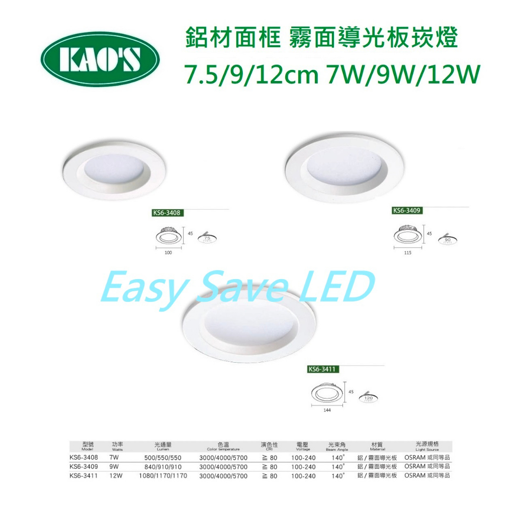 含稅 KAOS LED 霧面導光板 崁燈 7.5cm/9cm/12cm/18cm 7W/9W/12W/20W 全電壓 | 蝦皮購物