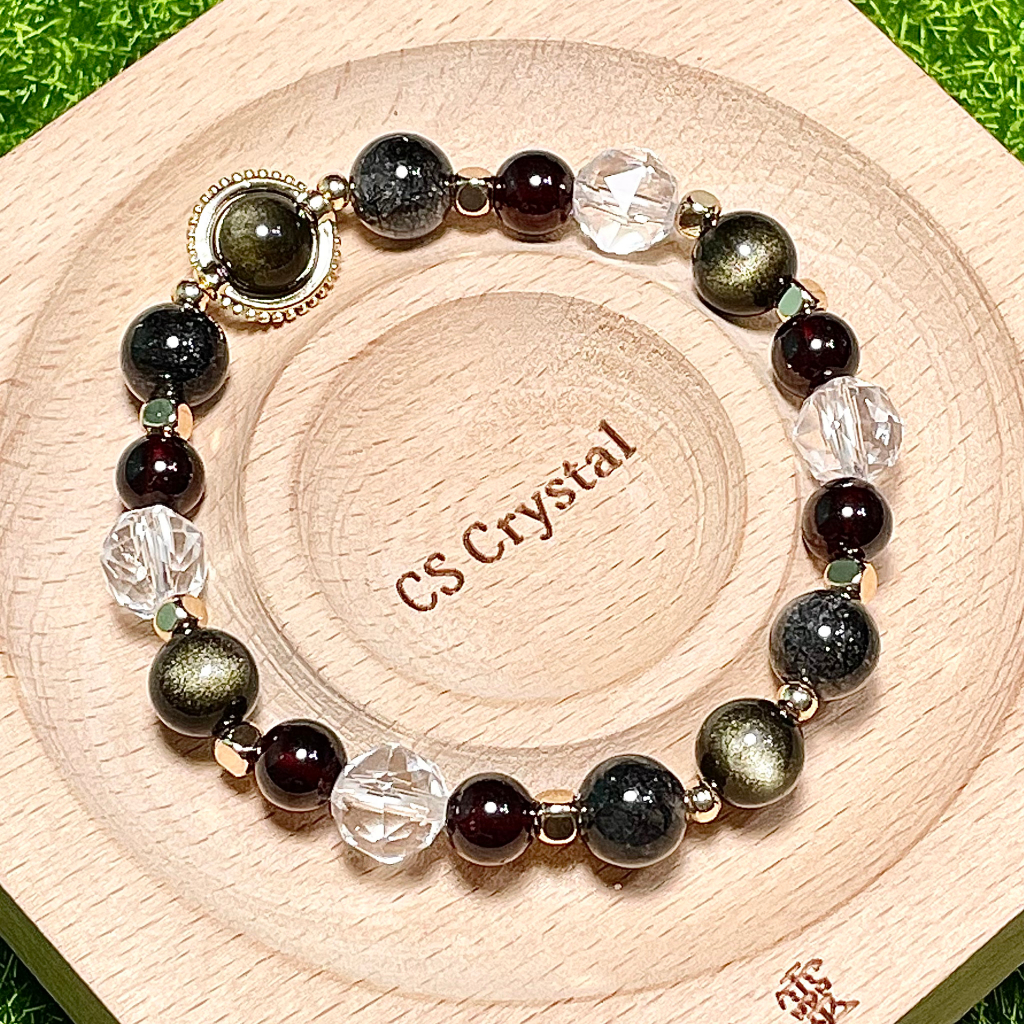 CS Crystal 編號396 避邪擋煞系列 - 金沙黑曜石+滿礦黑髮晶+透體白水晶+紅石榴石設計款 | 蝦皮購物