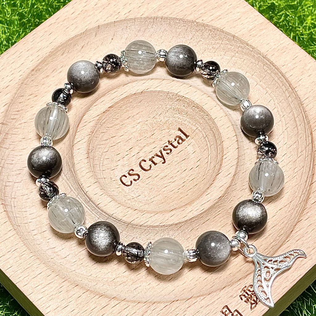 CS Crystal 編號402 避邪擋煞系列 - 順絲藍灰兔毛水晶+銀沙黑曜石+透深礦黑髮晶設計款 | 蝦皮購物