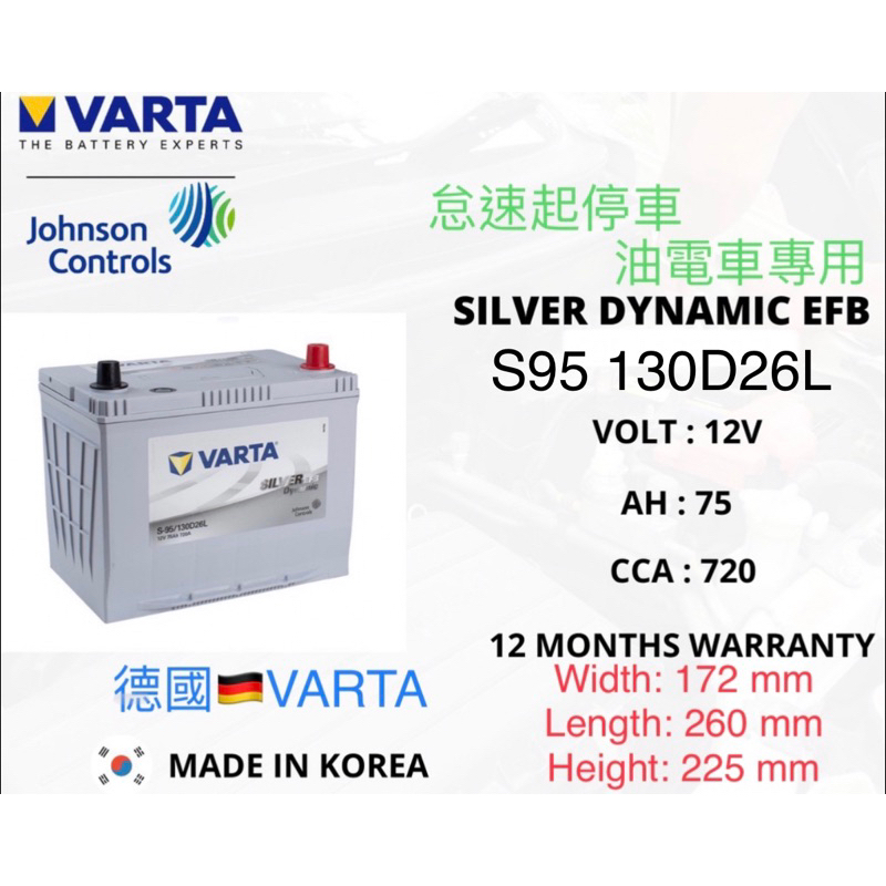 全新VARTA華達 S95/130D26L S95R/130D26R EFB 啟停車 油電車電瓶 S115電池 有排氣孔 | 蝦皮購物