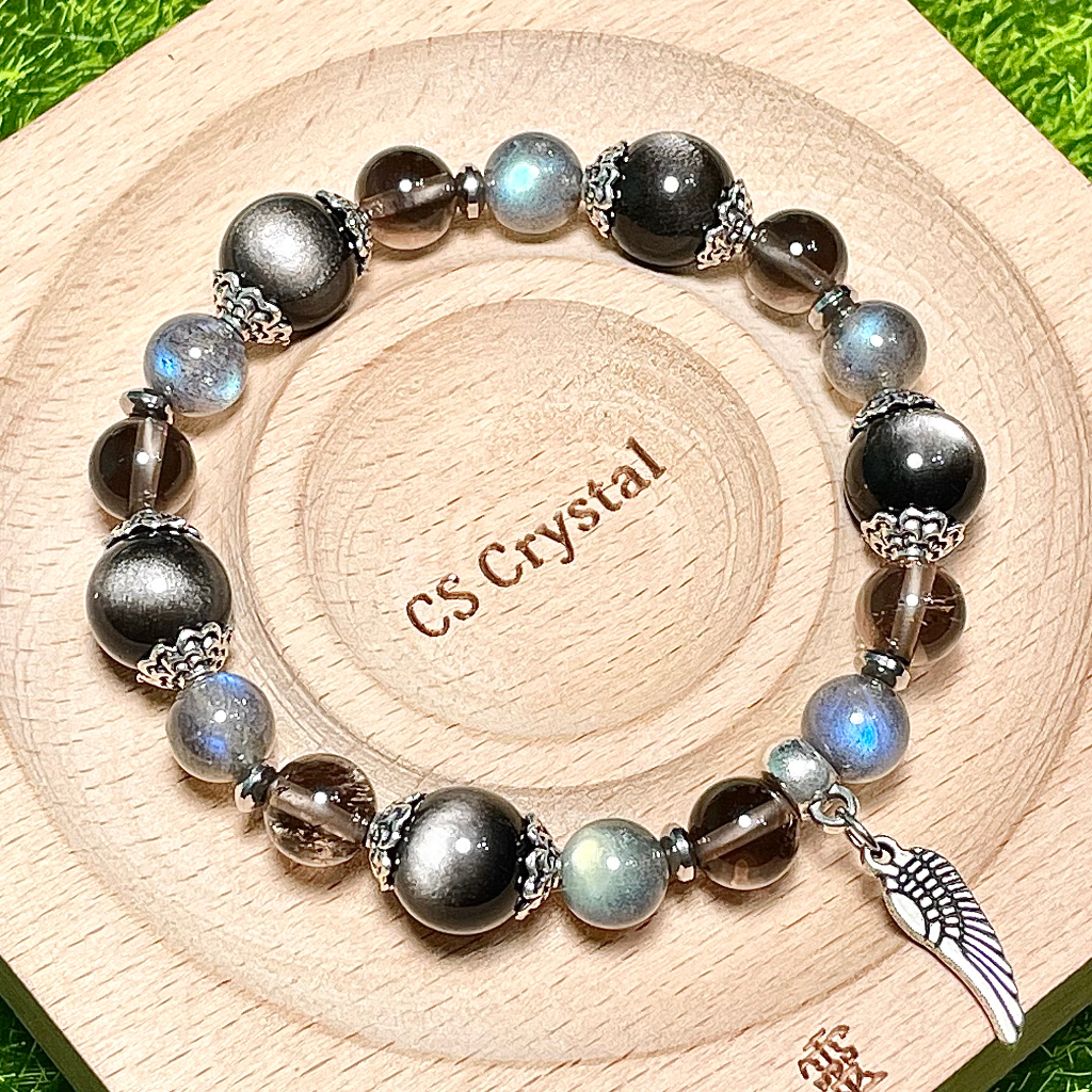 CS Crystal 編號406 避邪擋煞系列 - 銀沙黑曜石+墨水茶晶+透礦小燈泡拉長石設計款 | 蝦皮購物