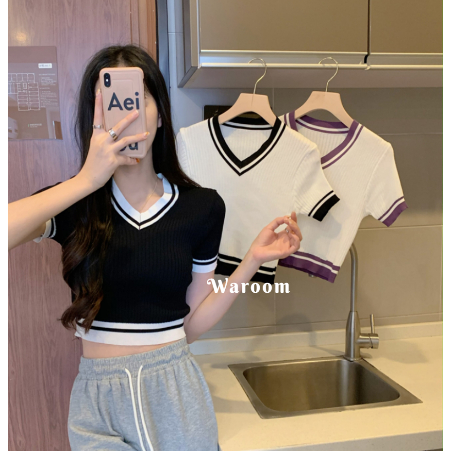 Waroom|現貨售完不補 薄款v領短款短袖針織上衣|女裝|辣妹|T恤|露臍|短版上衣|短袖上衣|緊身|BM風 2383 | 蝦皮購物