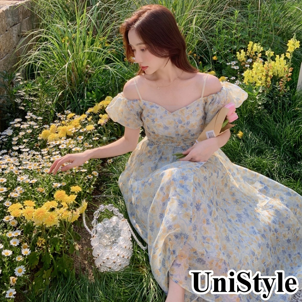 【UniStyle】碎花短袖洋裝 韓系一字領細肩帶法式浪漫風 女 ZM187-3321(圖片色) | 蝦皮購物