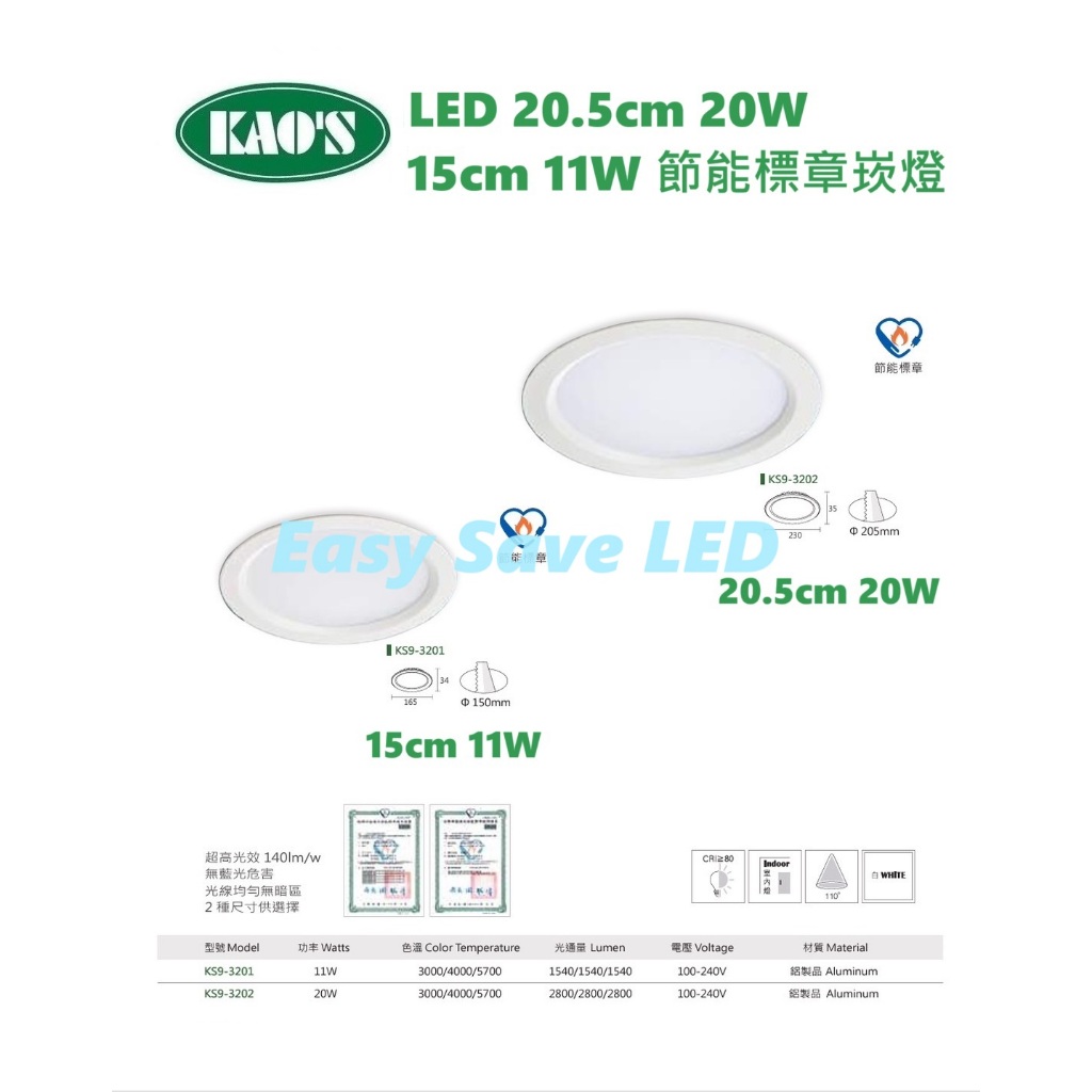 含稅 KAOS LED 節能標章 平面崁燈 15cm 11W / 20.5cm 20W (黃光/自然光/白光) 全電壓 | 蝦皮購物