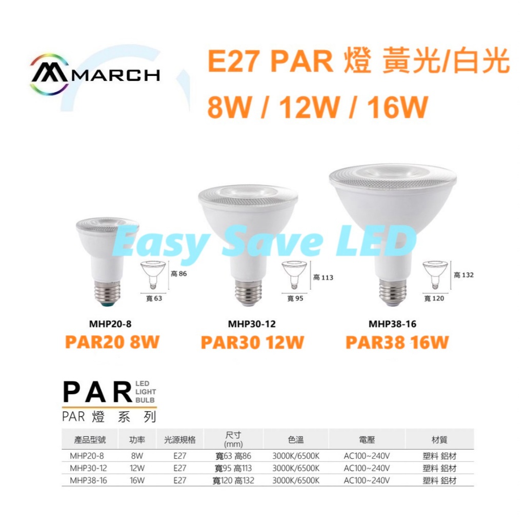 含稅 MARCH LED E27 PAR20 8W；PAR30 12W；PAR38 16W 燈泡(黃光/白光) 全電壓 | 蝦皮購物