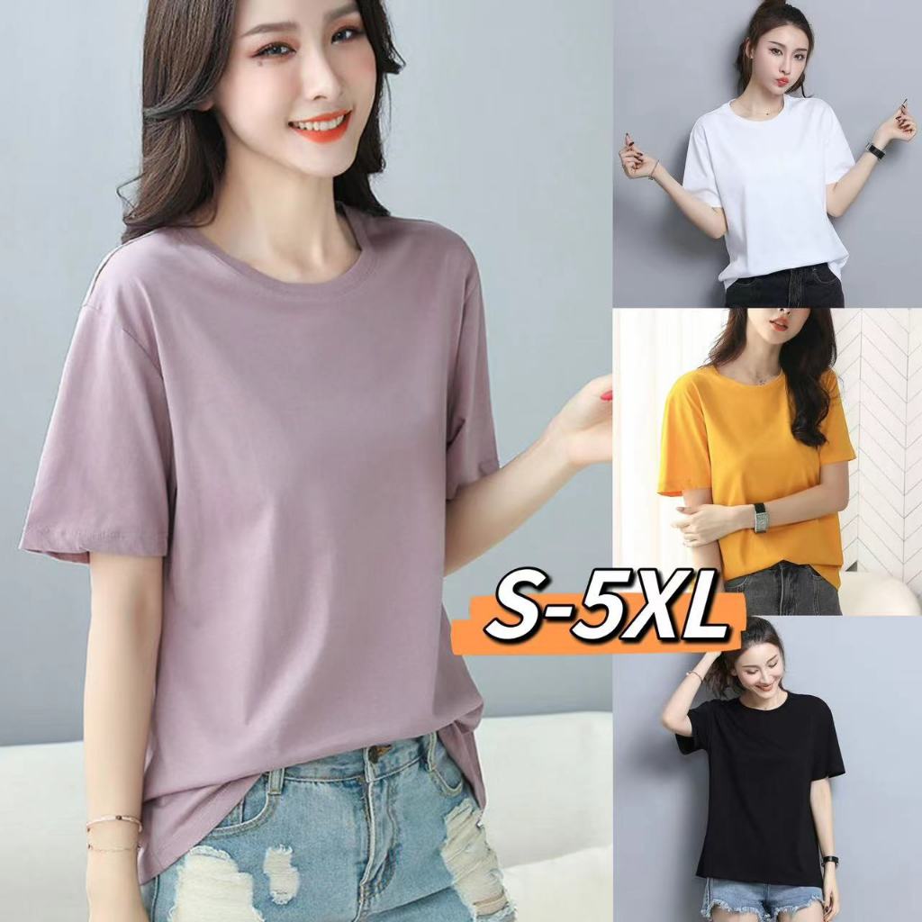 S-5XL 大尺碼上衣 短袖女 T恤 素色 上衣女 紫色純棉短袖t恤女半袖體恤純色寬松大碼2023年新款夏季ins上衣丅 | 蝦皮購物