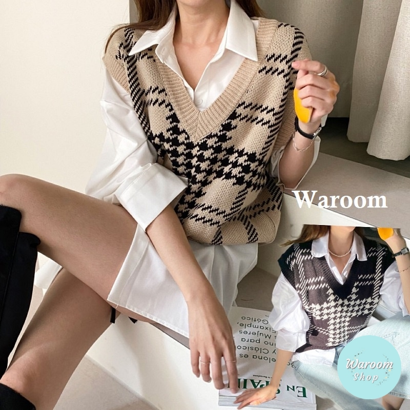 Waroom|現貨 秋冬韓國針織V領格紋馬甲+白色襯衫|女裝|套裝|疊穿|兩件套|毛衣背心|針織背心|馬甲背心 1232 | 蝦皮購物