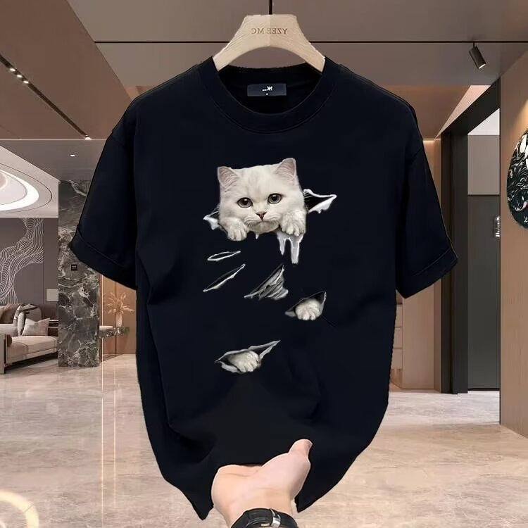 M-5XL 限時特賣-潮牌 100%棉T恤 可愛貓咪 印花 純棉 短袖 T恤 大碼 情侶無性別 男女同款 韓版 ins潮 | 蝦皮購物