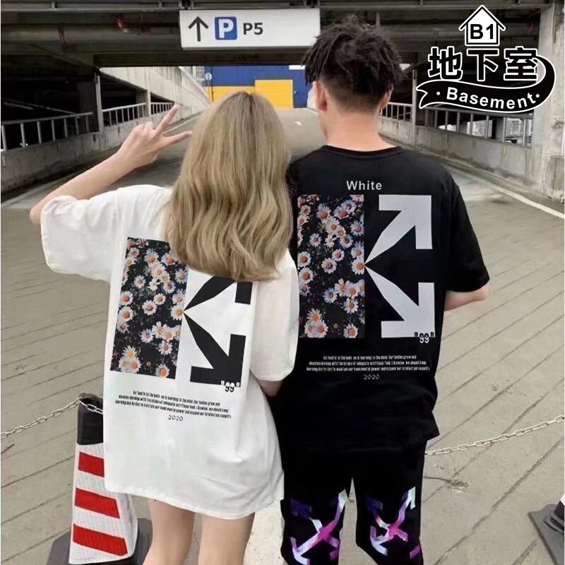 地下室B1-情侶短T恤 韓版INS小雛菊塗鴉箭頭印花大尺碼8XL五分袖寬鬆短袖上衣【NL621276】 | 蝦皮購物