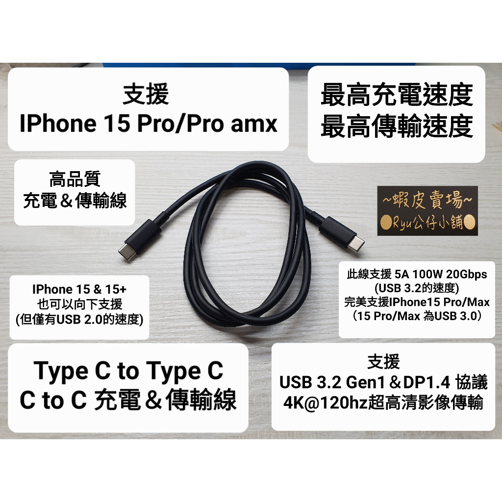 USB3.2 TypeC 充電線 傳輸線 C to C 支援 IPhone15 Pro ProMax USB3.0 | 蝦皮購物