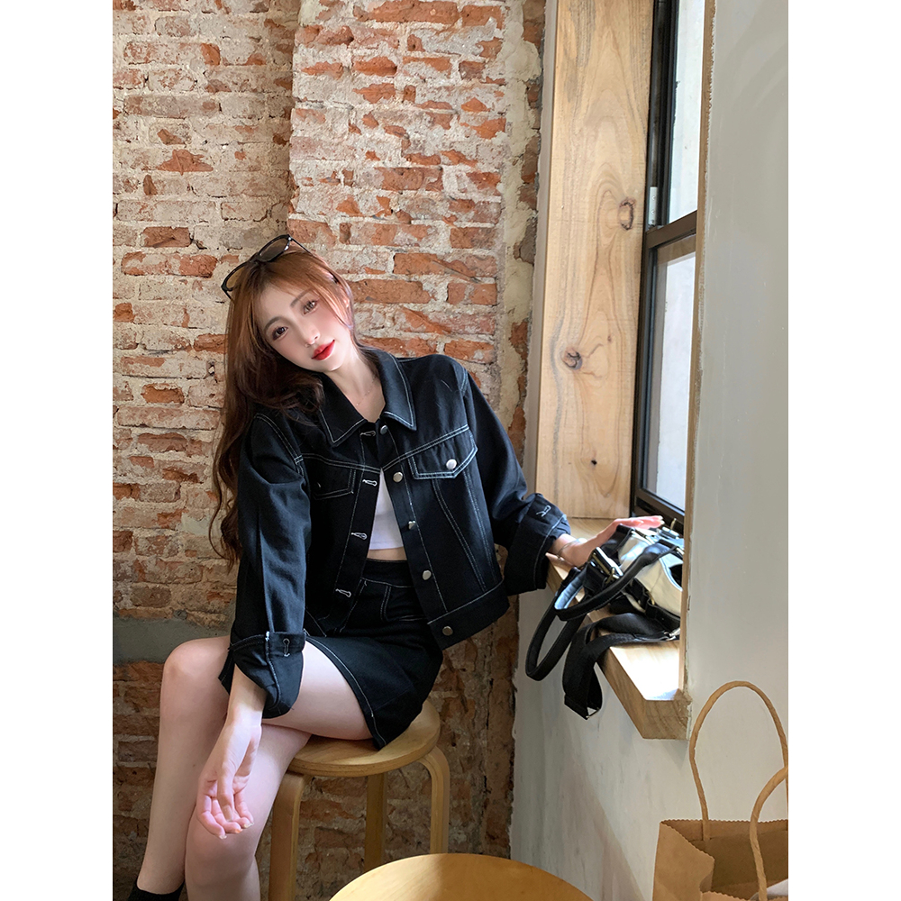 L-4XL 大尺碼女裝 韓系復古黑色牛仔外套+半身裙 甜酷時尚套裝 胖MM 寬鬆外套 a字裙 大尺碼牛仔套裝~2501 | 蝦皮購物