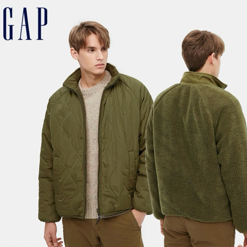 【含運/二手】GAP 男裝 兩面式羊羔絨立領外套 2WAY 絎縫外套 可雙面穿 墨綠 M號 | 蝦皮購物