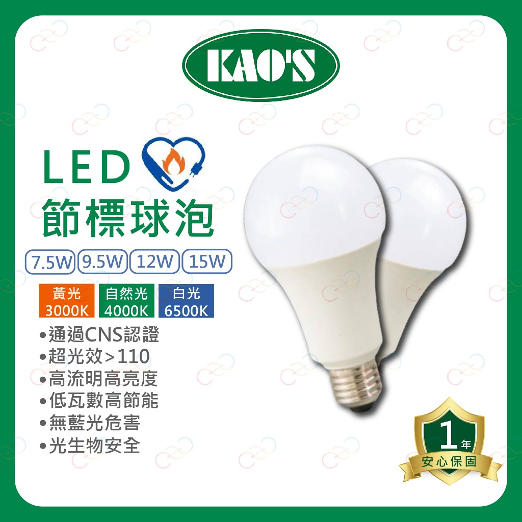 (A Light)附發票 節能標章 高氏 KAOS LED 7.5W 9.5W 12W 15W 燈泡 通過台灣CNS認證 | 蝦皮購物