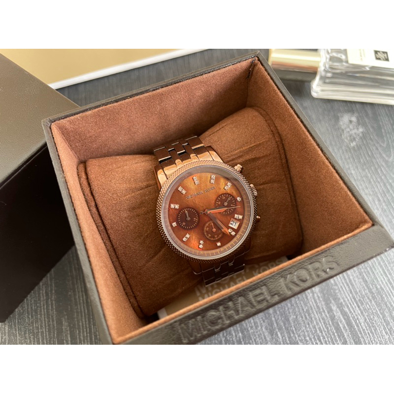 美國帶回-二手MICHAEL KORS mk5547 貝殼咖啡炫光 MK金三眼計時手錶時尚錶 手錶 | 蝦皮購物