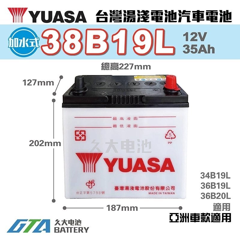 久大電池 YUASA 湯淺 38B19L 加水式 汽車電瓶 | 蝦皮購物