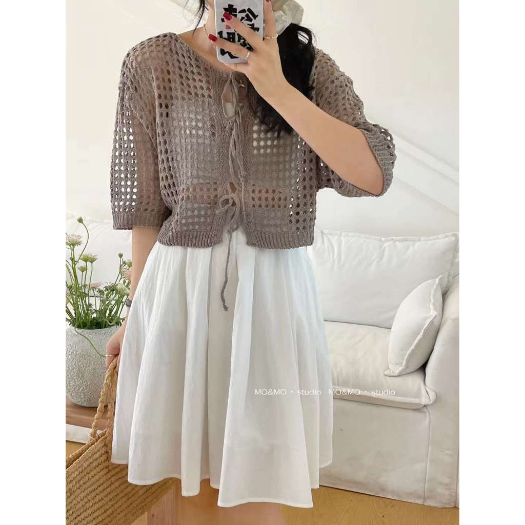 【SiBA Girl】 Momo-7073 洞洞雙綁帶針織小外套 洞洞外罩衫 綁帶外罩 針織外套 華夫格 8B | 蝦皮購物