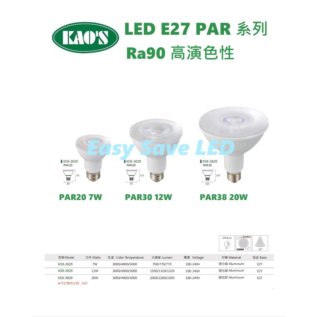 含稅 KAOS LED PAR E27 聚光型 (PAR20 7W/ PAR30 12W/ PAR38 20W) 全電壓 | 蝦皮購物