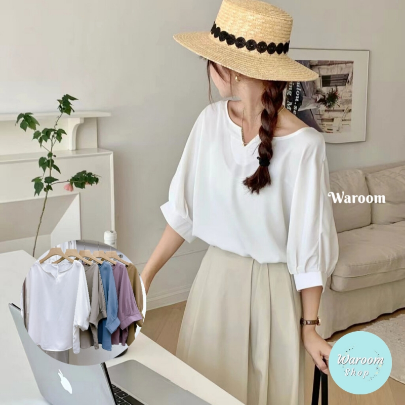 Waroom|高雄現貨秒出 質感氣質V領寬鬆五分袖雪紡上衣|女裝|燈籠袖|韓系|襯衫|寬鬆上衣|雪紡襯衣 1010 | 蝦皮購物