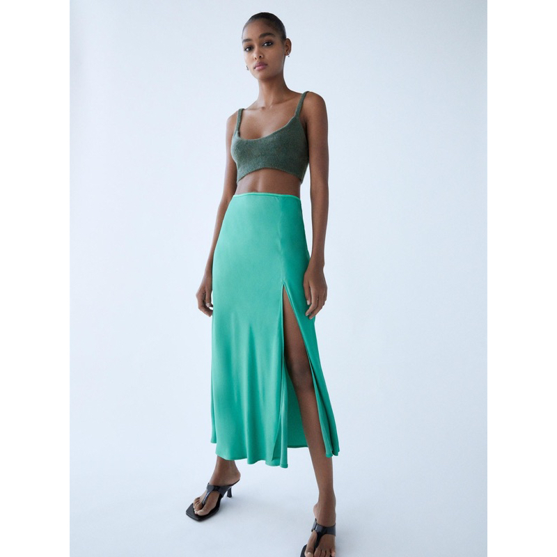 Zara 全新 側開叉緞面光澤感長裙 原價1490 | 蝦皮購物