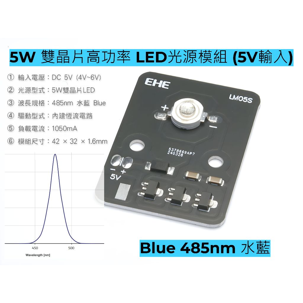 EHE】5W水藍光485nm雙晶片高功率LED光源模組(5V輸入)內建恆流。適水族光源生物實驗光源等波長試驗應用 | 蝦皮購物