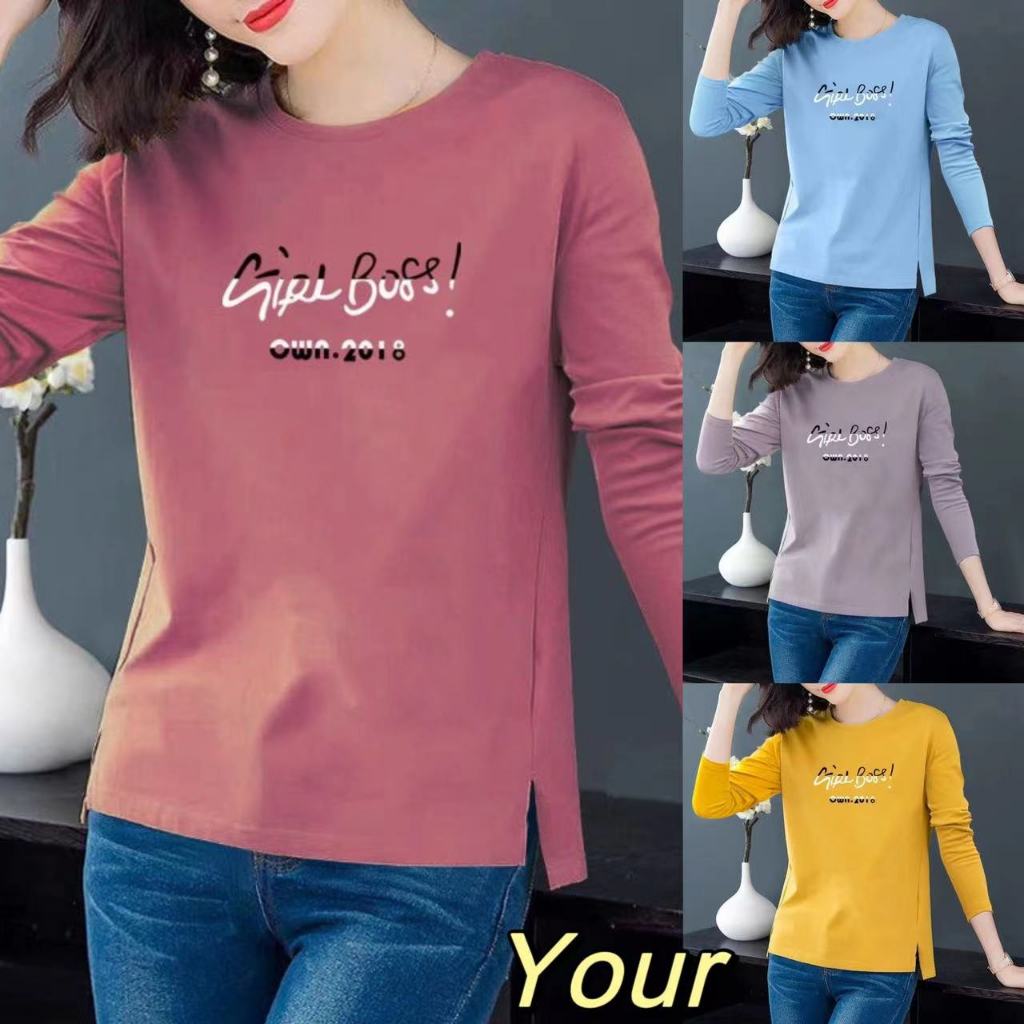 【Your】M-4XL 大尺碼長袖 長袖T恤女秋冬新款女裝韓版寬松大碼打底印花不對稱體恤上衣潮ins | 蝦皮購物