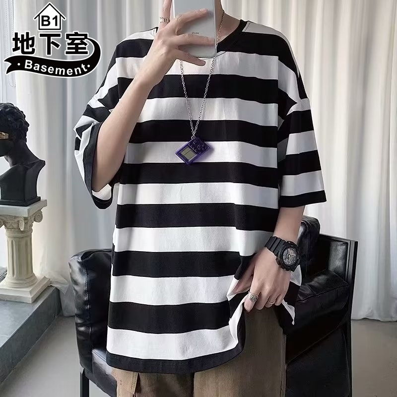 地下室B1-短袖 日系條紋圓領T恤 上衣 ins潮流 百搭 男裝 男生衣服 大尺碼8XL【NL623168】 | 蝦皮購物