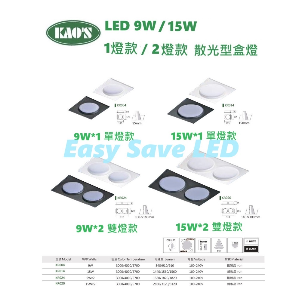 含稅 KAOS LED 散光型 崁入式盒燈 9W/15W 單燈/雙燈 白殼/黑殼 (黃光/自然光/白光) 全電壓 | 蝦皮購物