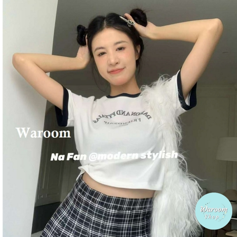 Waroom|售完不補 Y2K韓系正肩撞色美式字母合身短袖短版上衣|女裝|露臍|顯身材|短袖上衣|T恤|休閒上衣 705 | 蝦皮購物