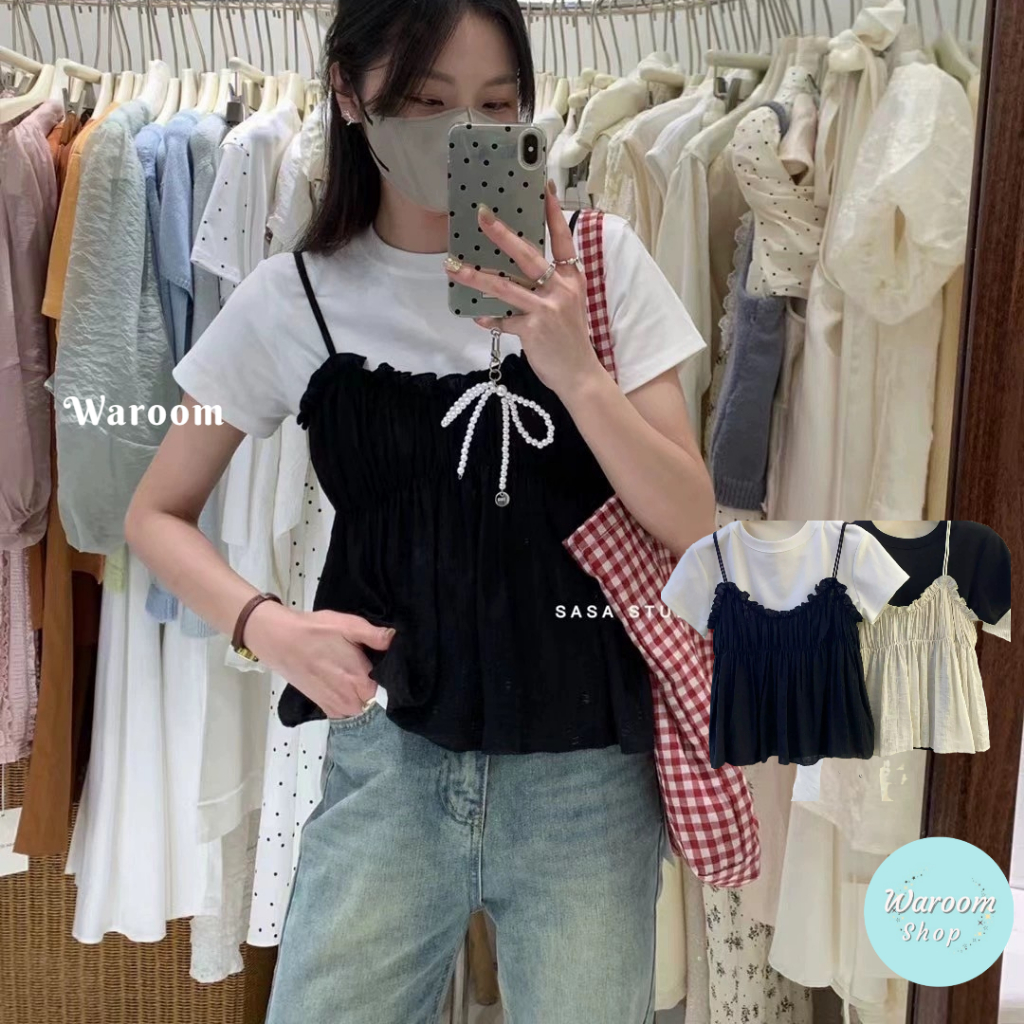 Waroom|高雄現貨 韓系短版短袖T+花邊吊帶上衣兩件套|女裝|日系|細肩吊帶兩件式|花邊套裝|實拍|薄款 8813 | 蝦皮購物