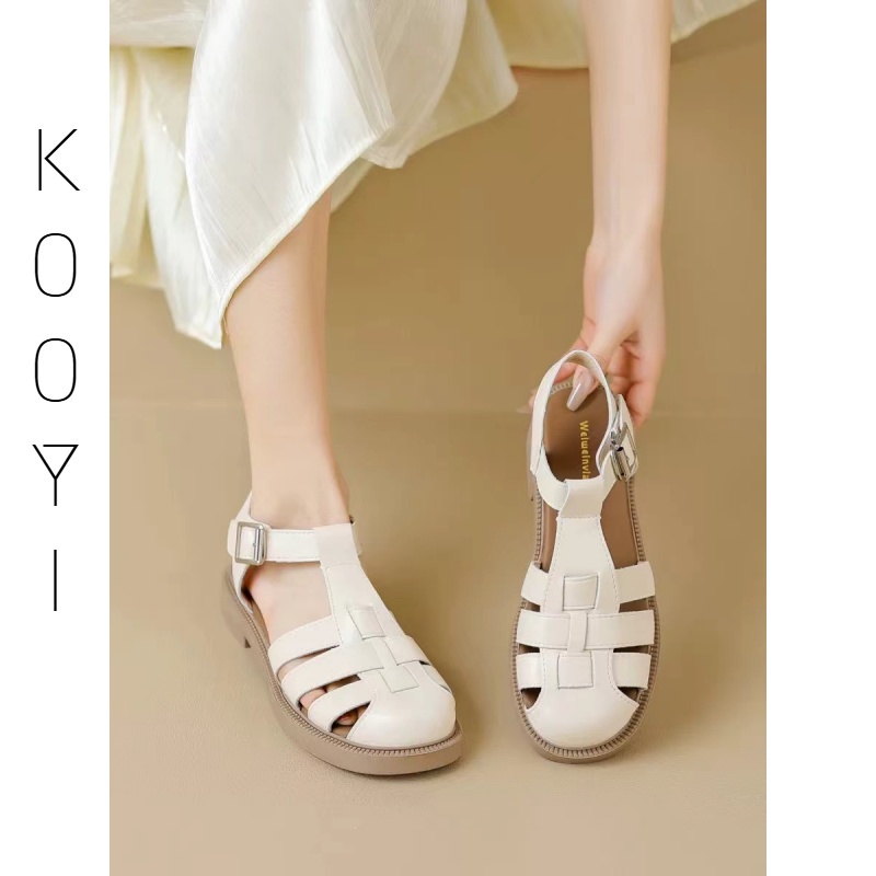 kooyi-牛皮 羅馬涼鞋 手工編織豬籠鞋 包頭後空平底涼鞋 真皮 皮革材質 大尺寸 米白色 黑色 | 蝦皮購物