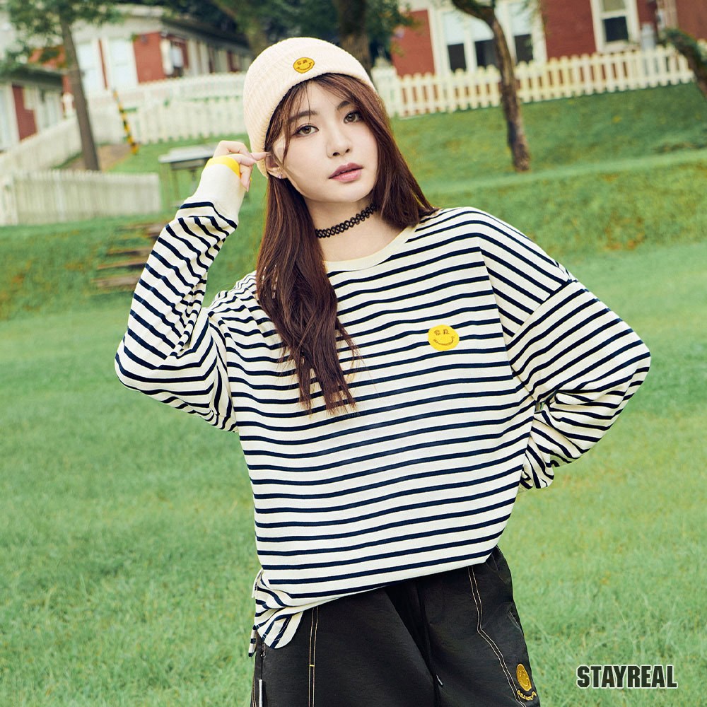 STAYREAL SMILE笑臉條紋長T | 蝦皮購物