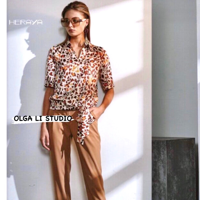 歐佳麗服飾 】HERAYA赫拉亞 光澤感豹紋綁帶上衣 襯衫 設計師專櫃女裝 | 蝦皮購物