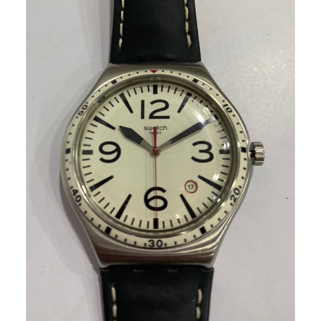 WA 瑞士名牌 SWATCH 二手 瑞士製 經典 YWS403C 圓面 黑色原裝小牛皮錶帶 中性 腕錶 | 蝦皮購物