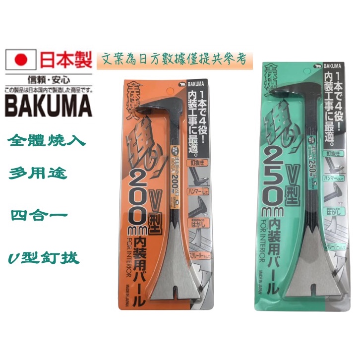 日本 BAKUMA 熊牌 室內用 V型 4合一 釘拔 敲打 剝離 刮除 作業 200mm / 250mm 日本製 | 蝦皮購物