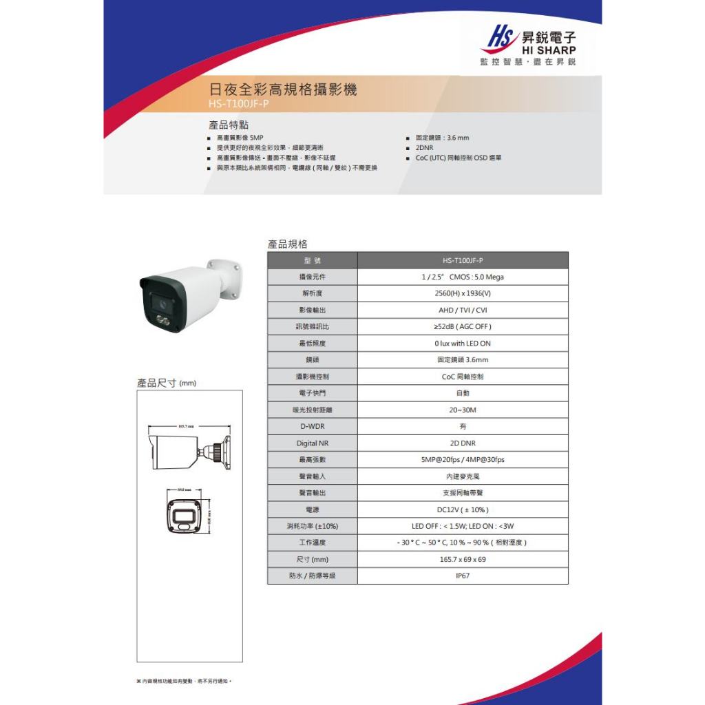 【無名】昇銳 HS-T100JF-P 500萬 日夜 全彩 槍型攝影機 同軸帶聲 有MIC 暖光20-30M 監視器 | 蝦皮購物