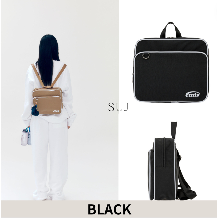 sujj [韓國品牌EMIS] NYLON ZIP-POCKET BACKPACK 筆電包 -BEIGE/BLACK | 蝦皮購物