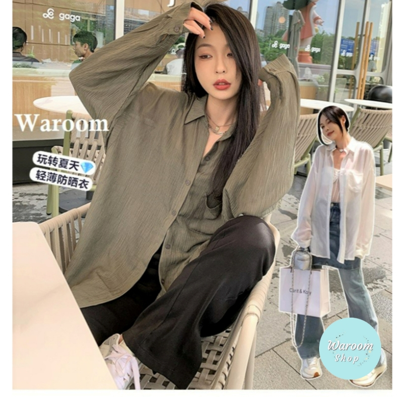 Waroom|現貨自留款 春夏韓系髮絲紋中長款雪紡透膚襯衫|女裝|防曬襯衫|長袖襯衫|罩衫|防曬外套|透膚|性感9621 | 蝦皮購物