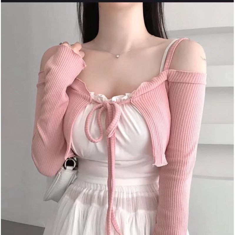 【Y.LLL】｜現貨｜高級感純欲辣妹木耳邊上衣+裸肩花邊外罩set 兩件式上衣 | 蝦皮購物