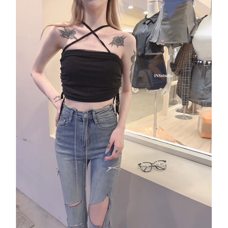 Yi_shop • ins 《現/預》札染掛脖抽繩網紗內搭抹胸上衣 平口抹胸 小紅書女裝 | 蝦皮購物