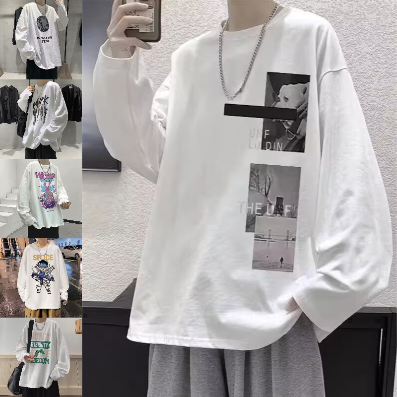 長袖t恤男 加肥加大碼上衣 M-8XL 寬松圓領衛衣百搭春秋新款上衣男ins薄款大碼青少年印花長袖打底衫白色@名匯衣社男 | 蝦皮購物