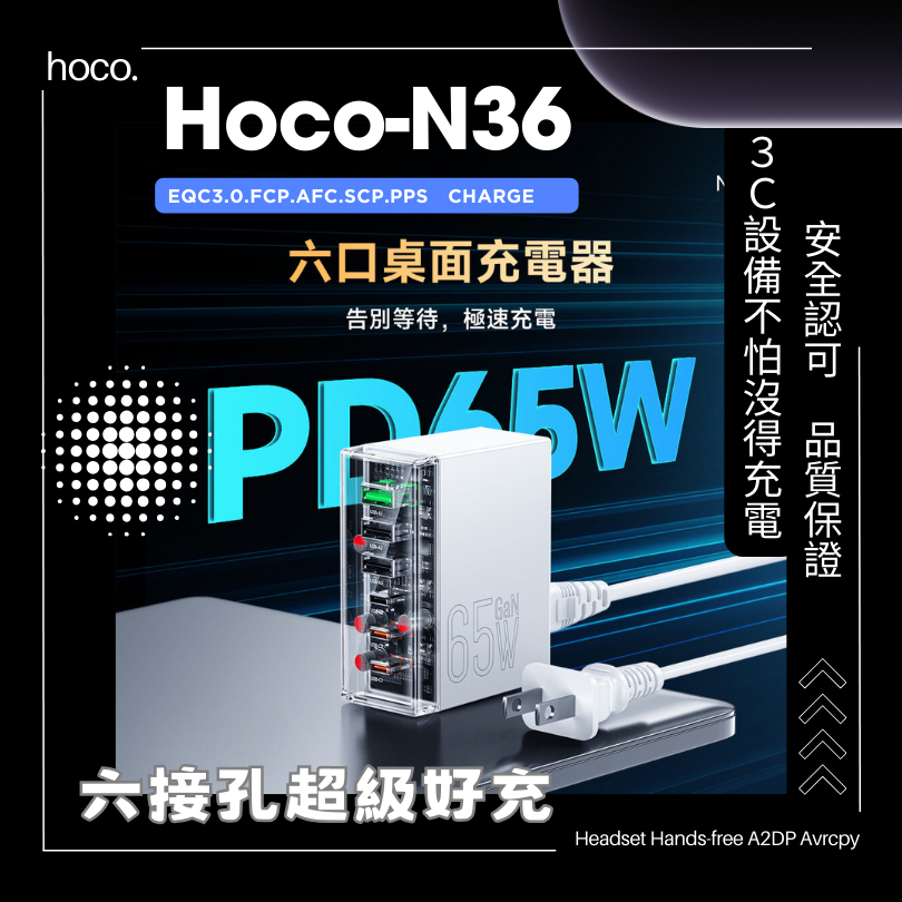 hoco.PD65W智能 3C/3A 桌上型 USB+PD 充電器 手機平板3C設備 PD+QC電源供應器 白 | 蝦皮購物